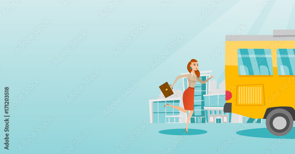 Vetor de Young business woman chasing a bus. Caucasian business woman ...