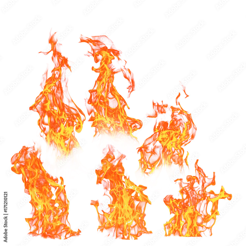 Fire flame isolated set on white background - Beautiful yellow, orange ...