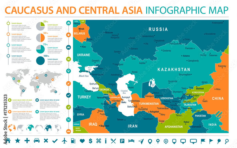 Caucasus and Central Asia Map - Info Graphic Vector Illustration Stock ...
