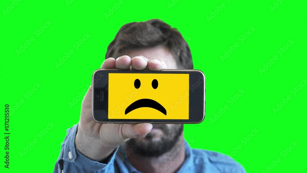 Sad Smiley Face Man In Smartphone, Green Screen. Man shows his feelings ...