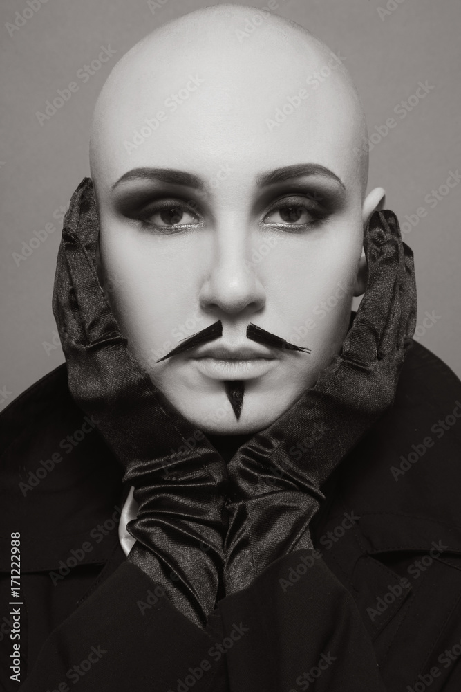 Sepia vintage portrait of skinhead woman with false whiskers and ...