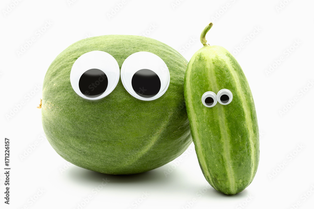 Carosello cucumber (Cucumis melo) and long white stripes cucumber with ...