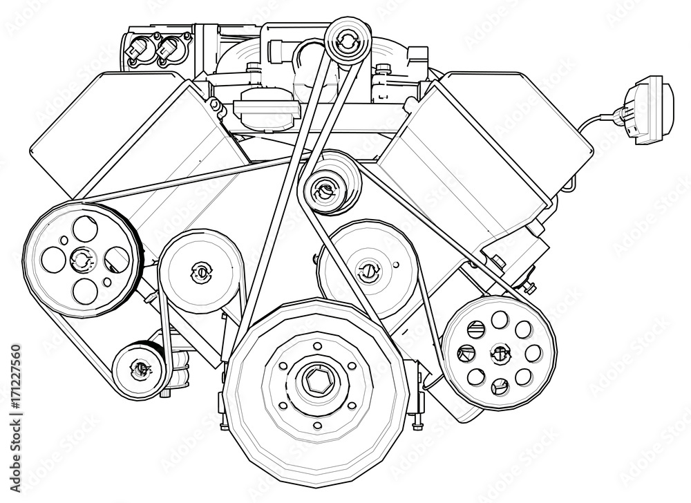 Powerful car engine. The engine is drawn with black lines on a white ...
