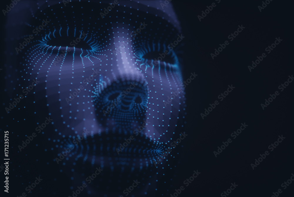 3D illustration. Stylized 3D face with polygons and points on the ...