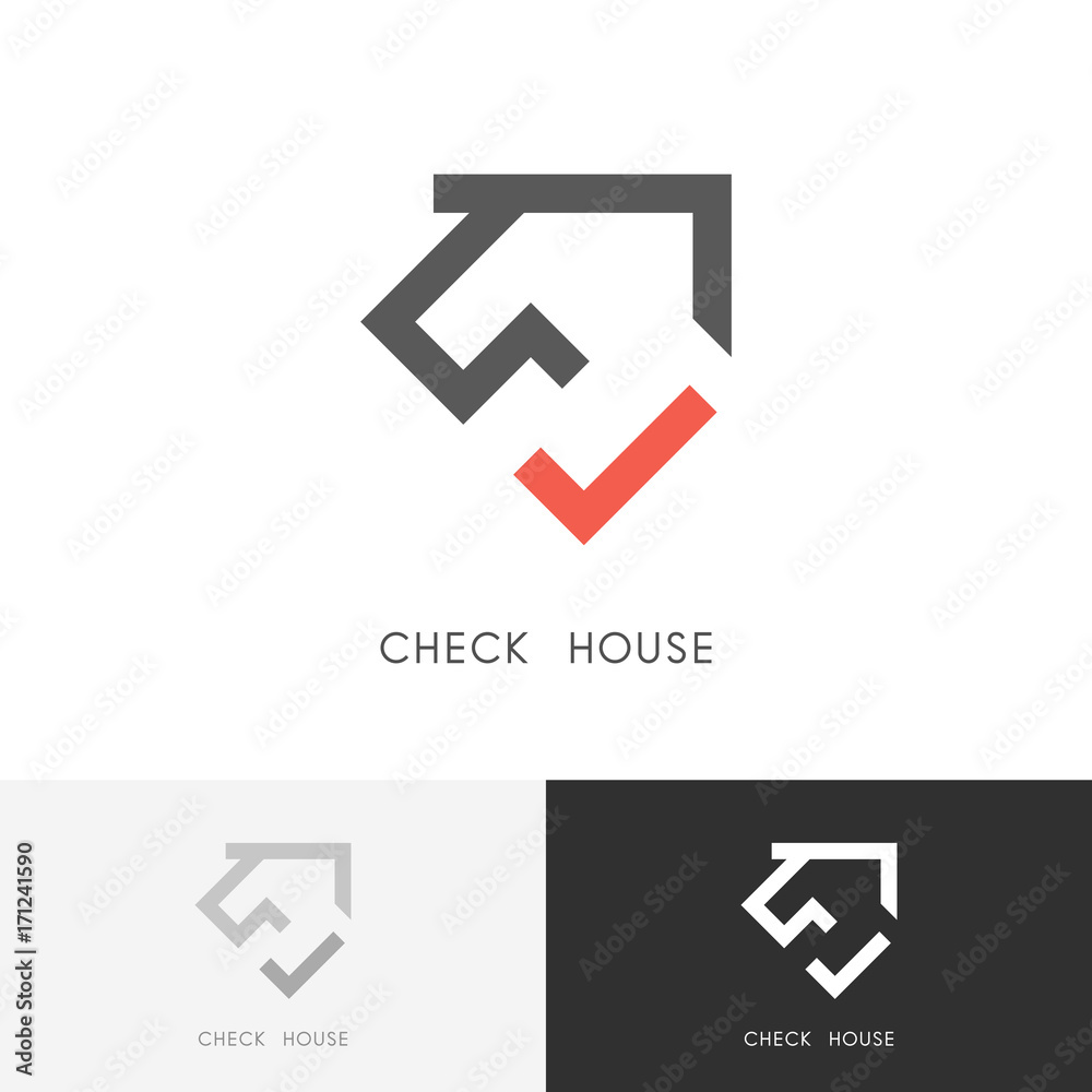 Check house logo - red tick mark and home or building symbol. Estate ...