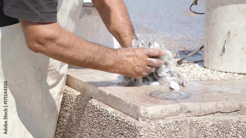 A man softening an octopus by the sea by throwing it at the stone floor ...