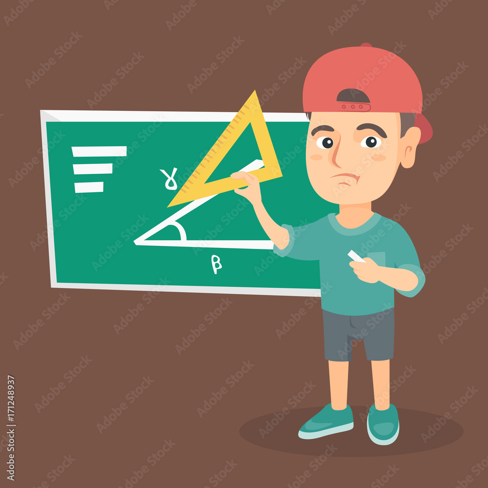 Upset caucasian pupil using a ruler on blackboard. Pupil standing in ...
