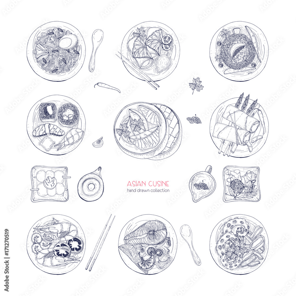 Collection of hand drawn dishes of Asian cuisine isolated on white ...