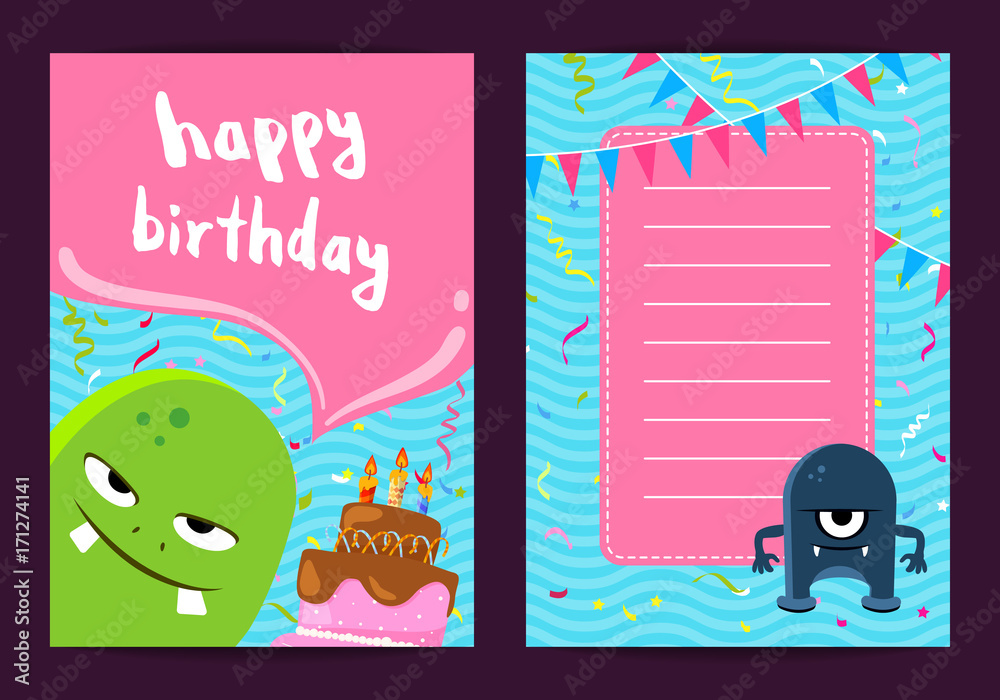 Vector happy birthday card template with cute cartoon monsters, cake ...