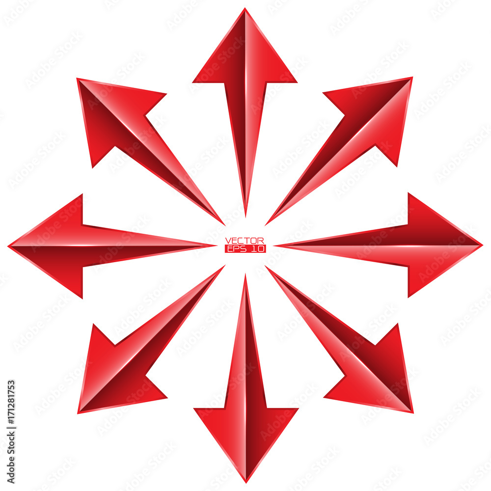 Red arrows 8 point direction spread on white background sign symbol ...