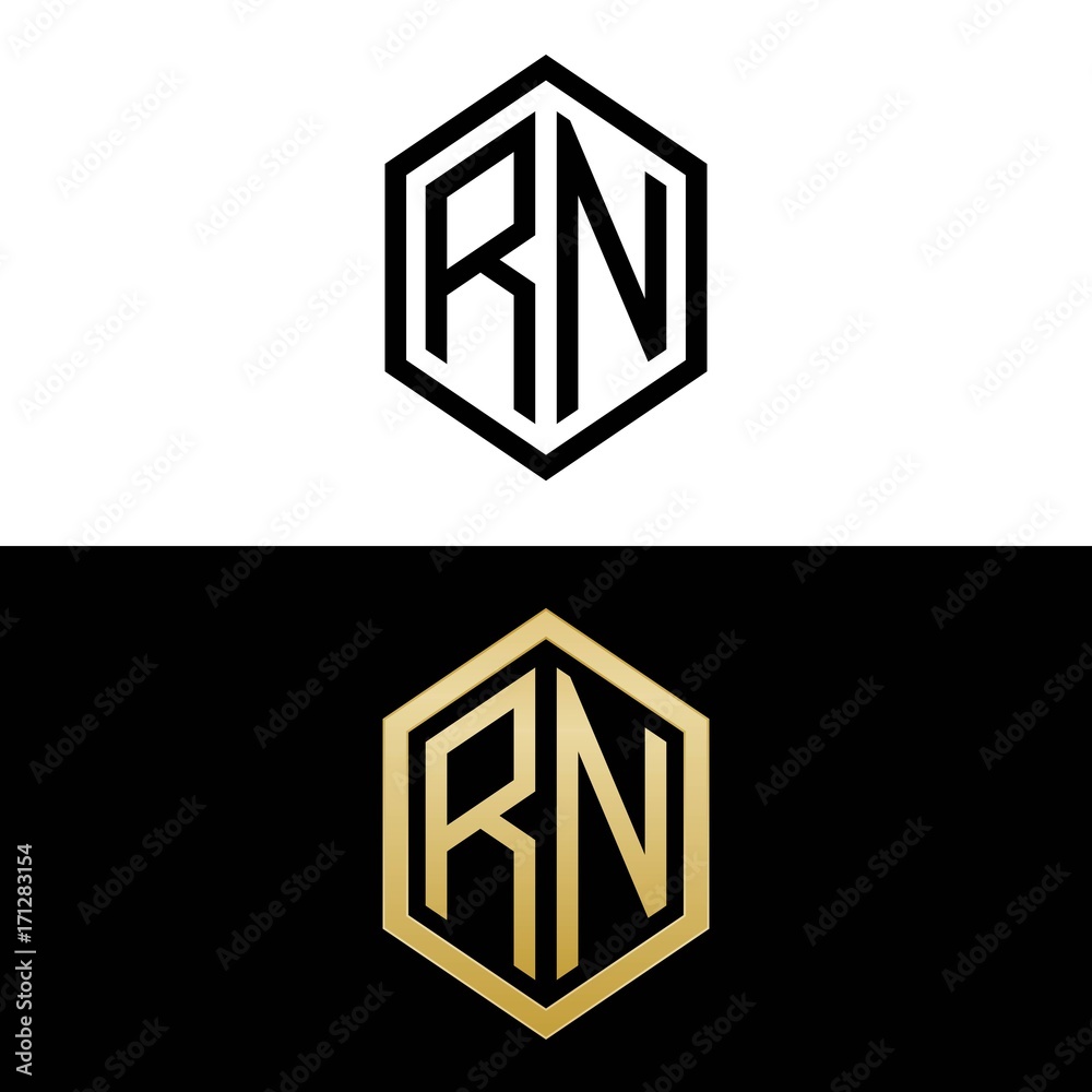 initial letters logo rn black and gold monogram hexagon shape vector ...