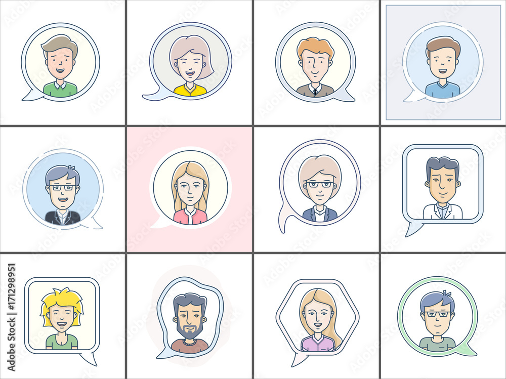 Icon set of different faces. Chat bubbles with avatars symbol. Stock ...