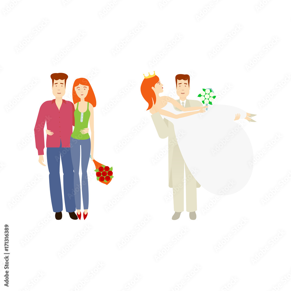 vector flat cartoon adult young couple hugging each other, newlywed ...