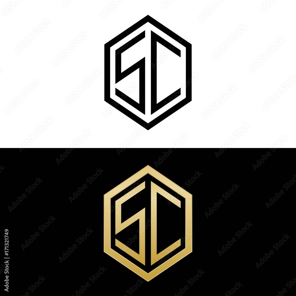 initial letters logo sc black and gold monogram hexagon shape vector ...