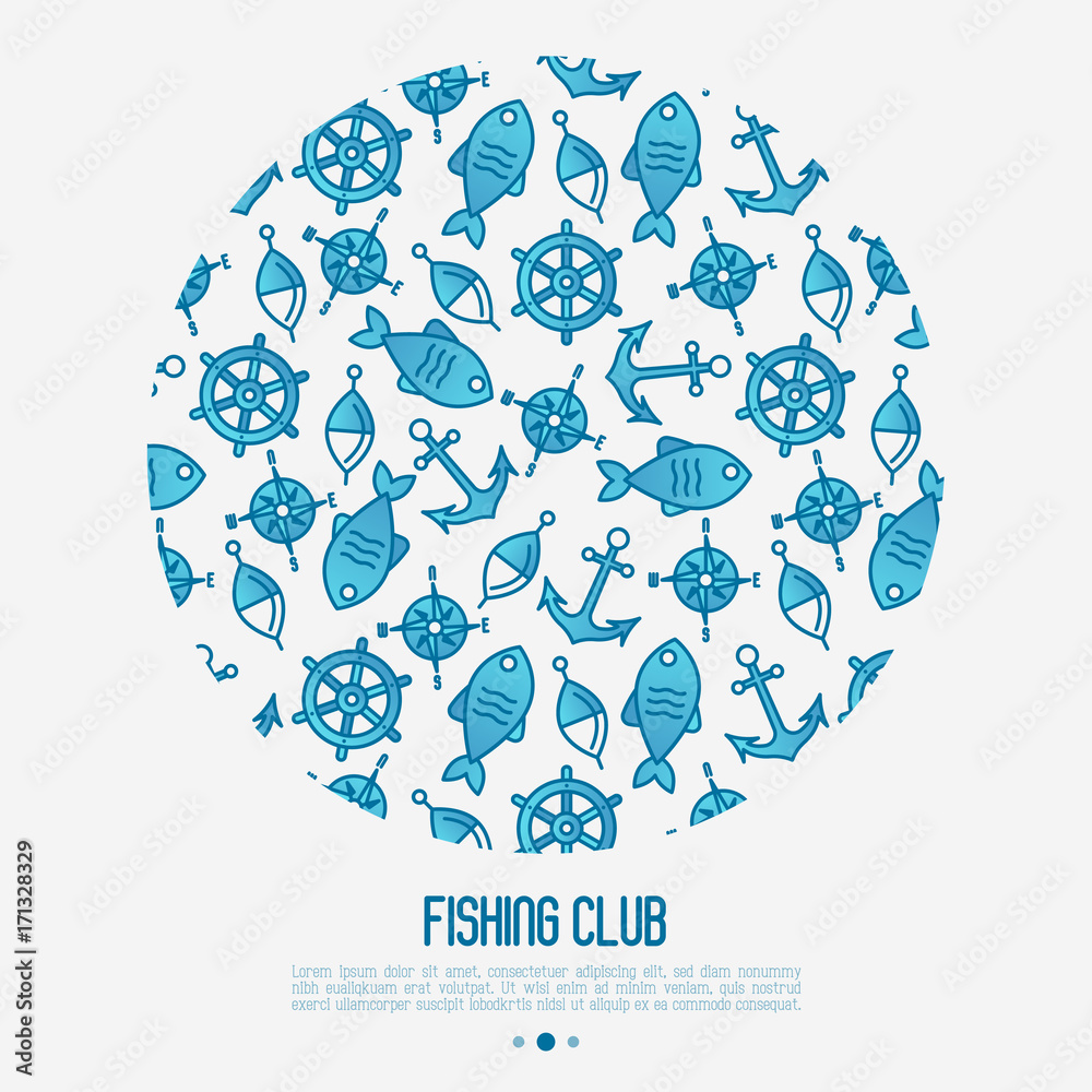 Fishing club concept in circle with fish, bobber and anchor. Marine ...
