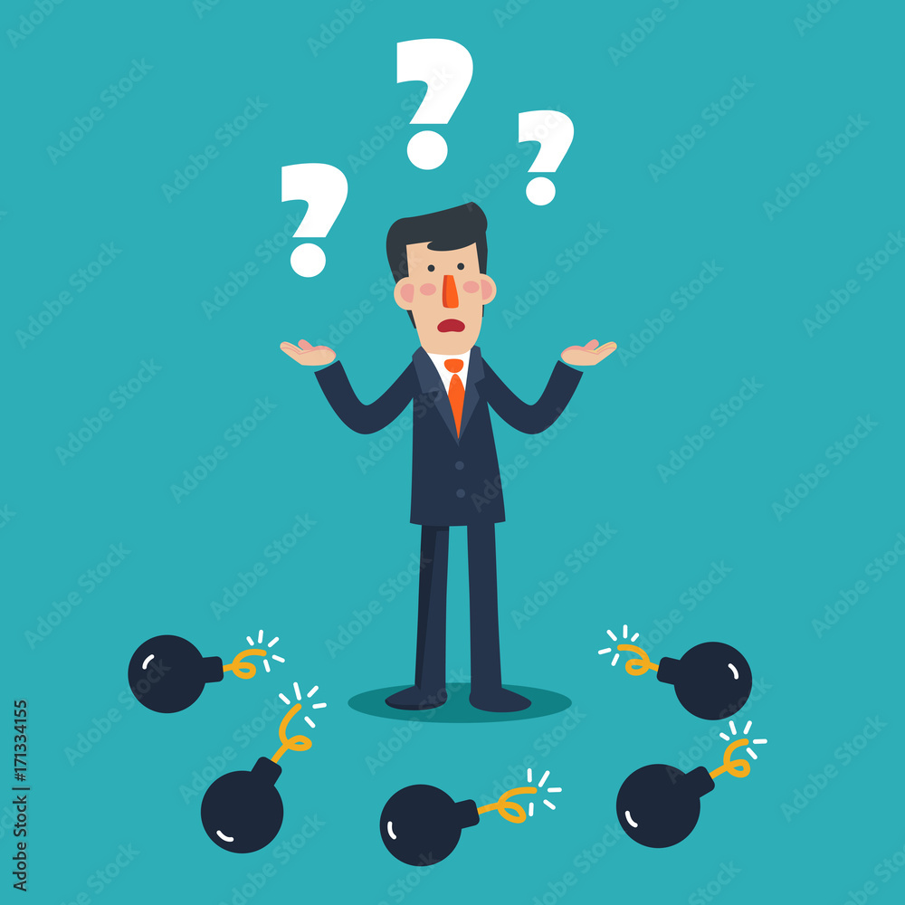 Vecteur Stock Sad business man with question mark standings between ...