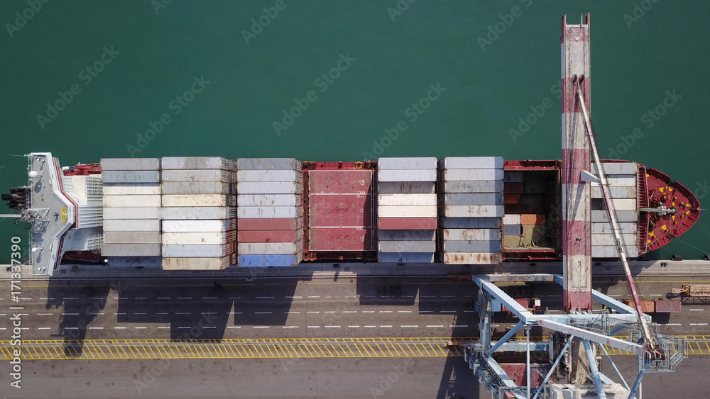 Fully loaded container ship docked at freight port terminal - LARGE ...