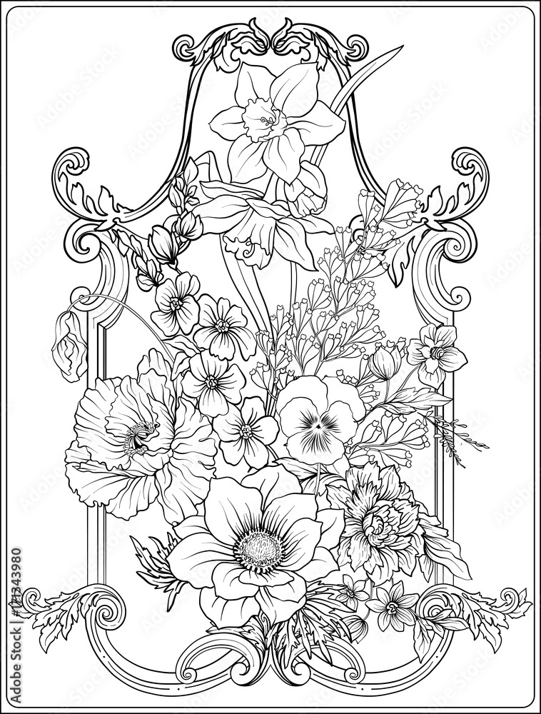 Summer flowers: poppy, daffodil, anemone, violet, in botanical style ...