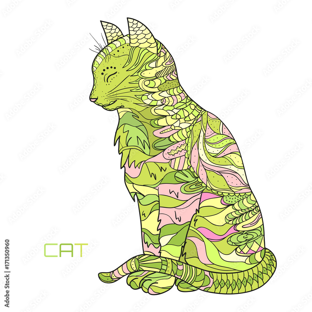 Cat. Design Zentangle. Hand drawn cat with abstract patterns on ...