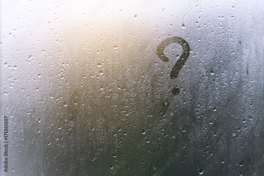Rainy weather, the inscription on the sweaty glass question mark. Stock ...