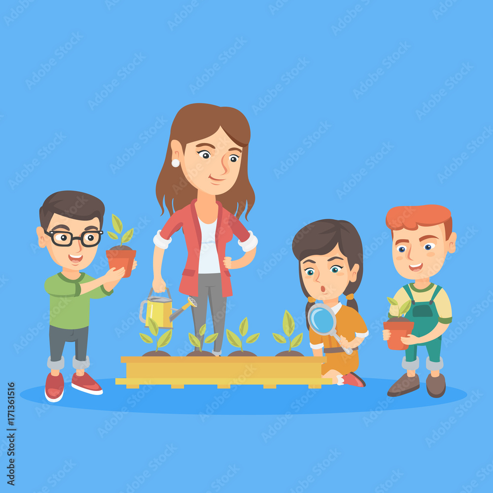 Young caucasian teacher and school kids planting sprouts in the garden ...