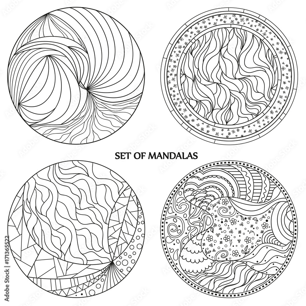 Set. Zendala. Zentangle. Hand drawn circle mandala with abstract ...