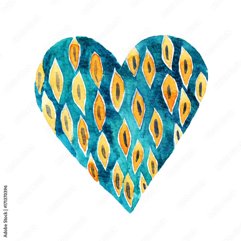 Watercolor hand drawn Turquoise heart with ornament illustrations ...