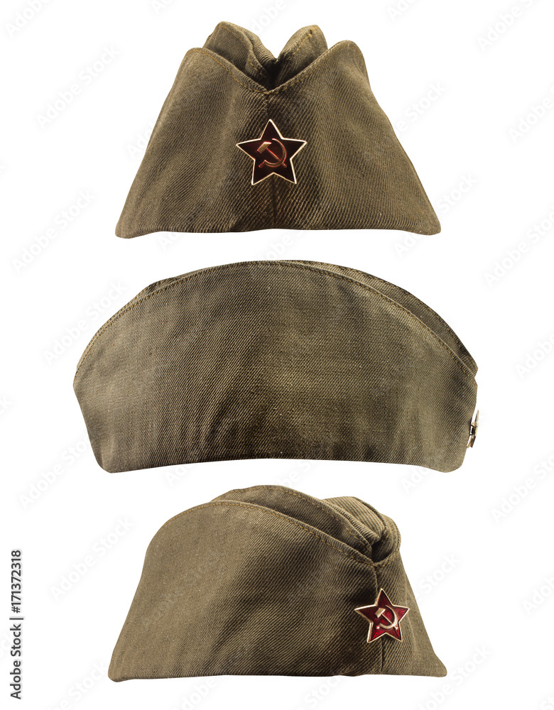 Isolated photo of a soviet military forage cap in front, profile and ...