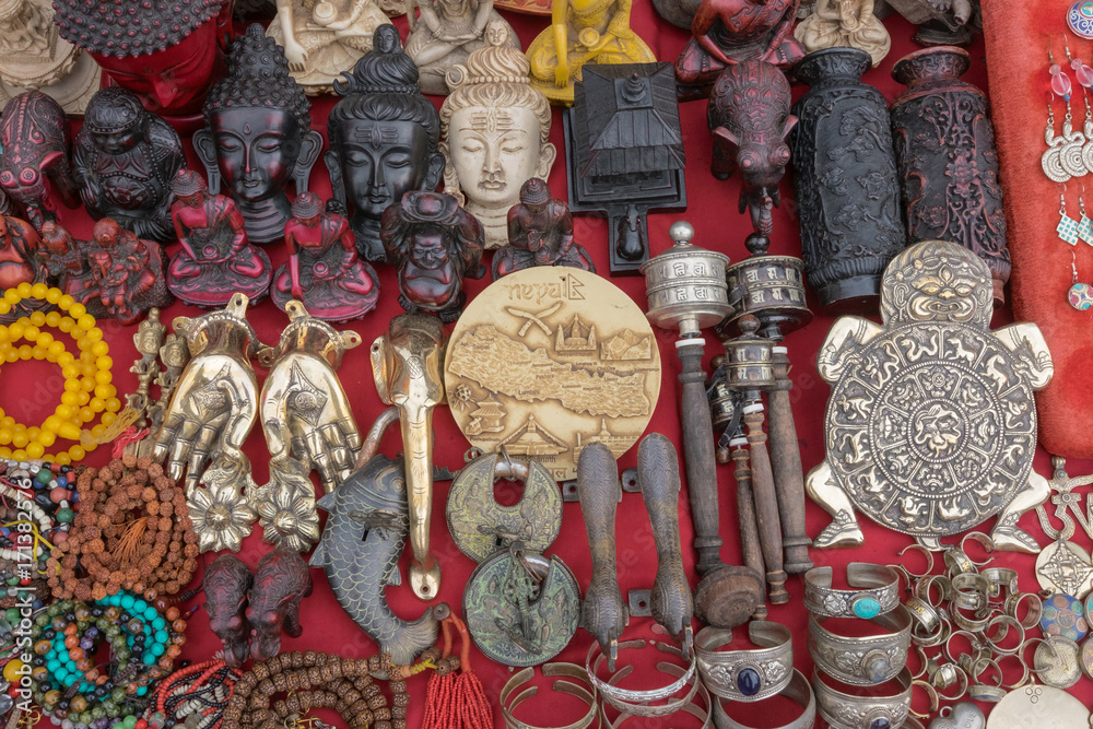 Nepalese traditional handicrafts and souvenirs, Kathmandu, Nepal. Text ...