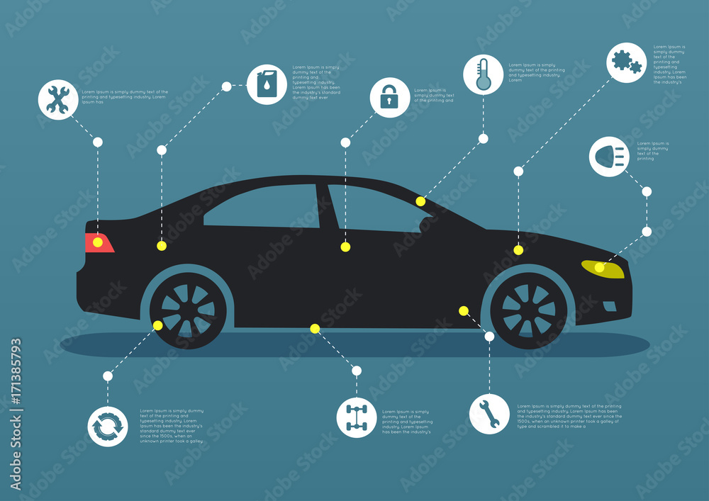 infographic template with car and car parts icons, service and repair ...