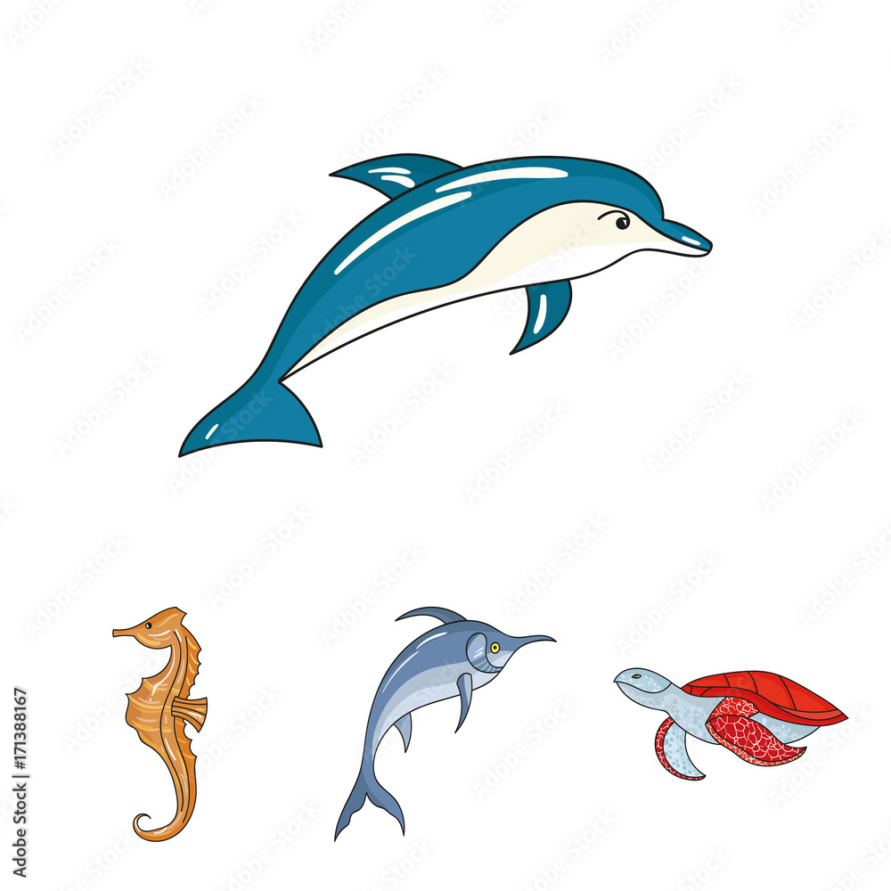 Merlin, turtle and other species.Sea animals set collection icons in ...