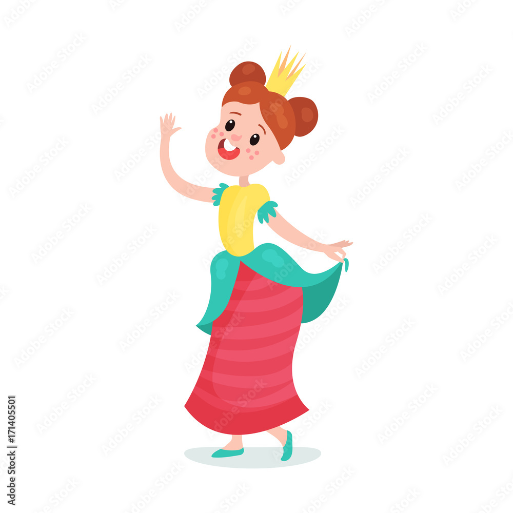 Beautiful happy cartoon princess girl character in a ball dress and ...