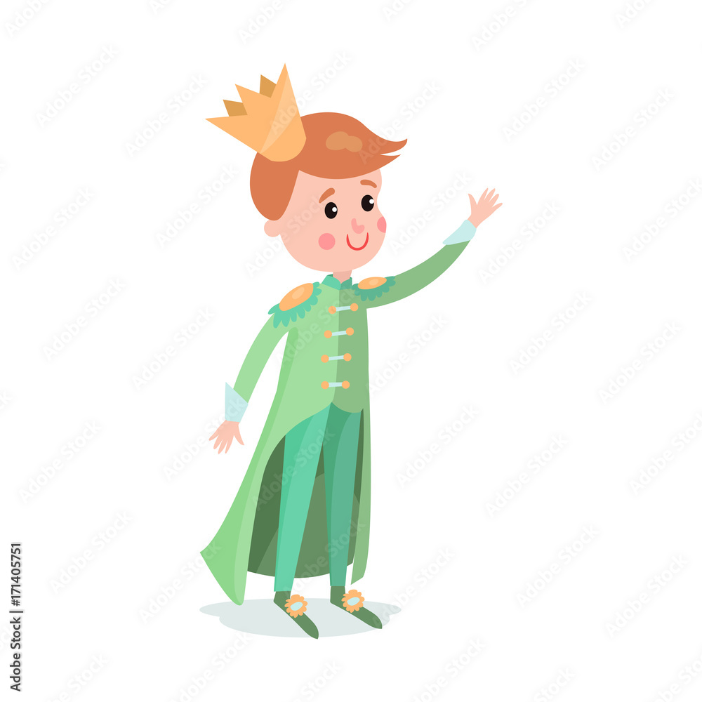 Cute cartoon boy character in prince costume with crown and green ...