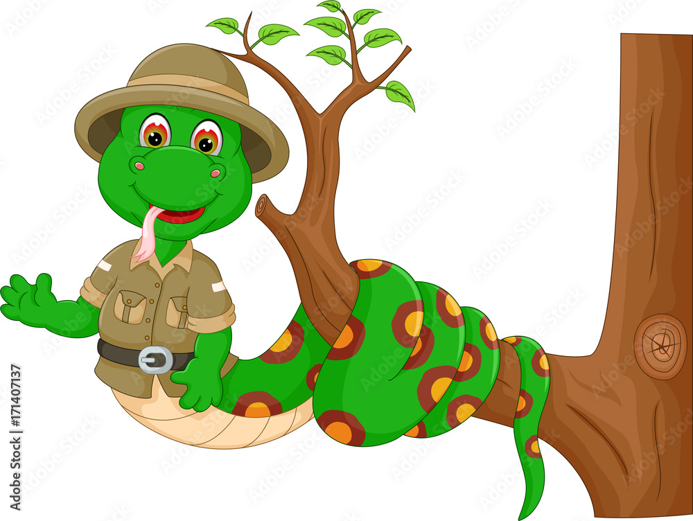 cute snakes cartoon twisted on tree with waving hand and smile Stock ...