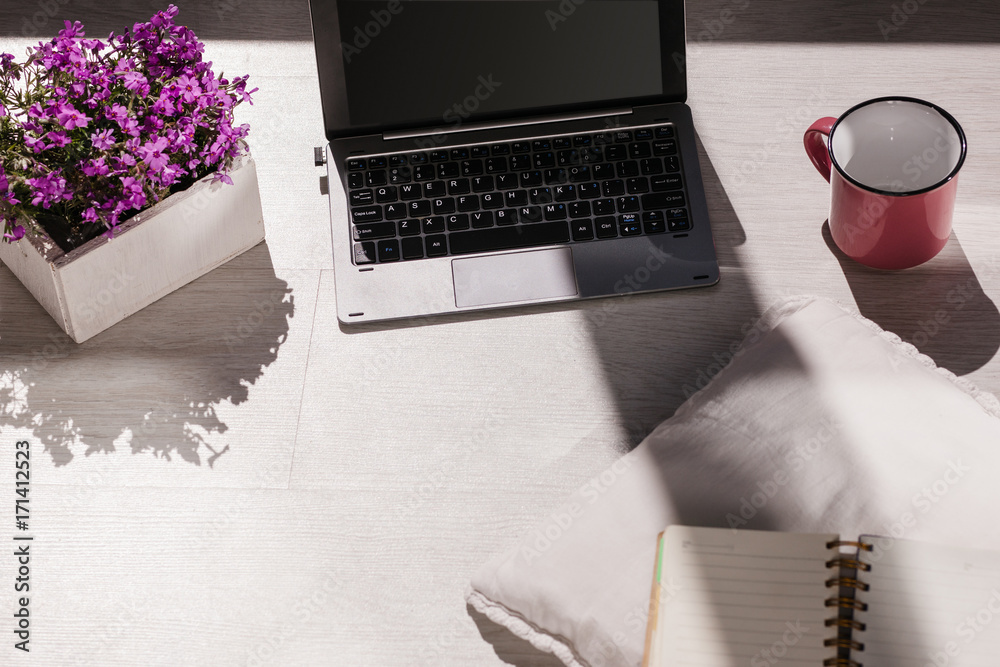 Modern blogger workplace. Creative designed place. Remote job, laptop ...