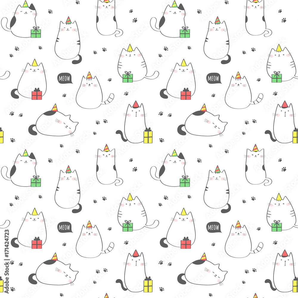 Seamless pattern with funny cats. Birthday party. Vector background ...