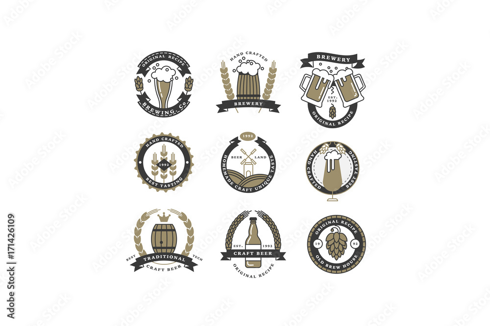 Set of linear yellow brewery logos. Labels with bottles and hops ...