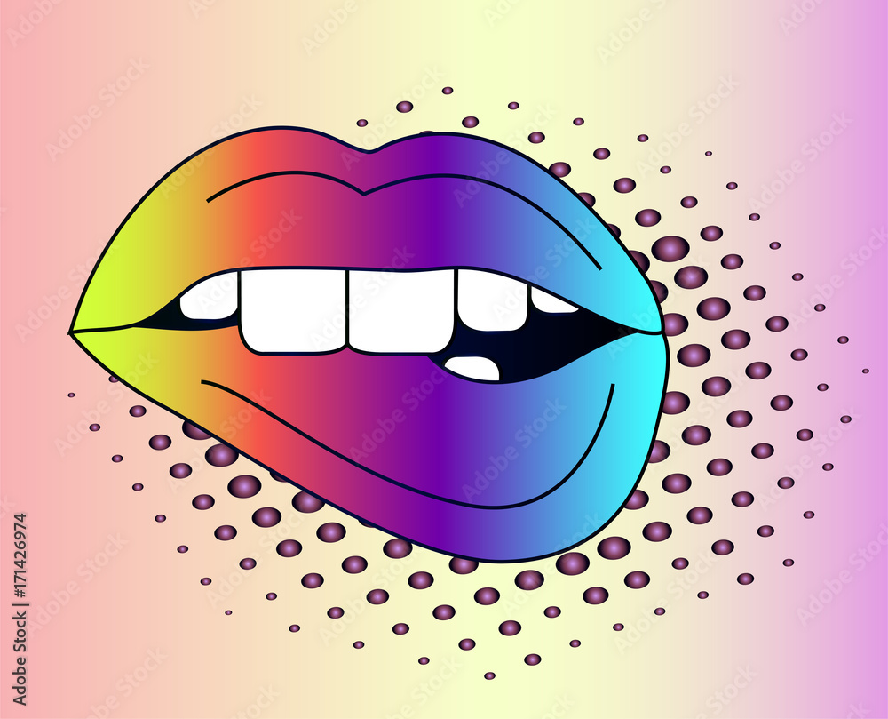 Bright pop art lips - stylish poster on a pink gradient background ...