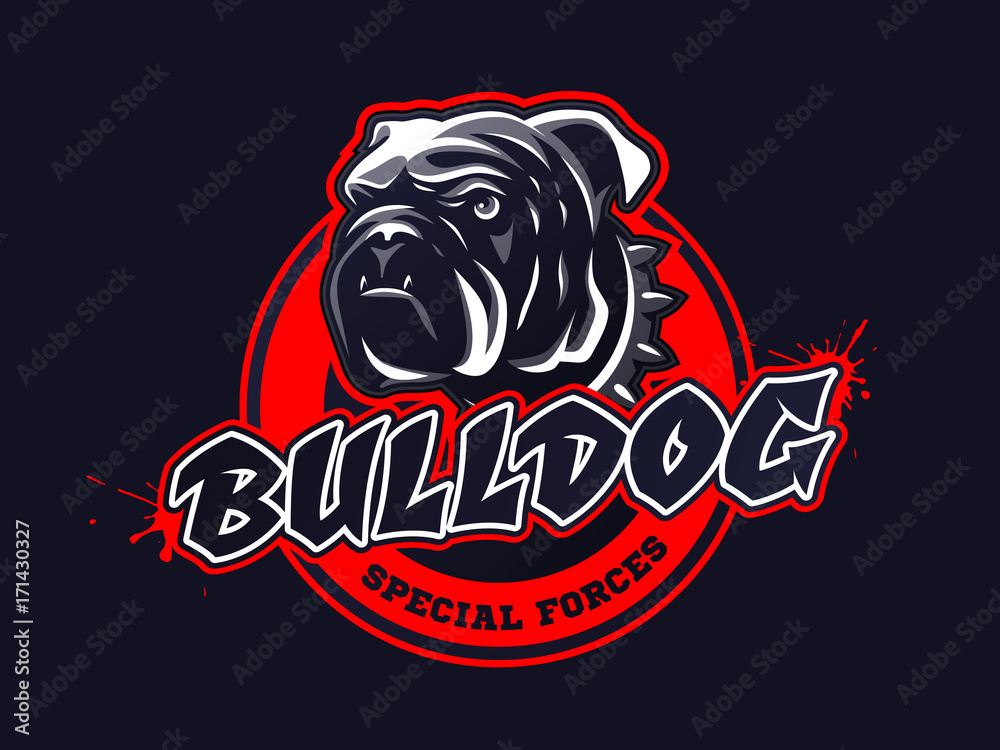 Bulldog head logo, emblem on dark background. Vector illustration ...