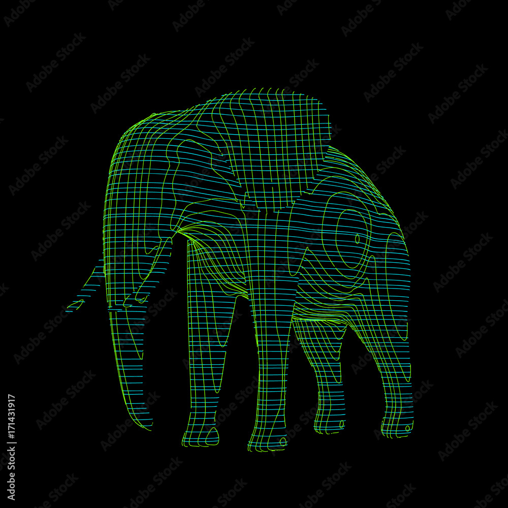 Abstract striped elephant. Isolated on black background.Vector outline ...