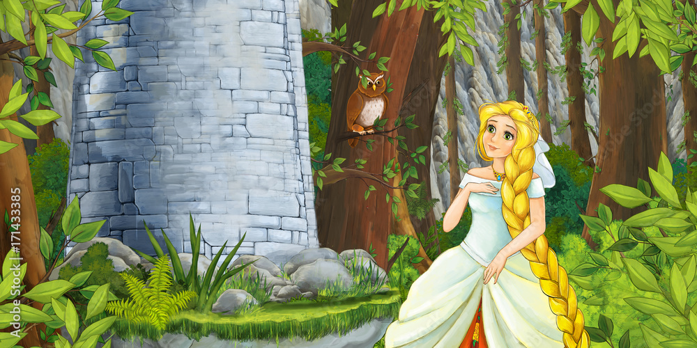 cartoon scene with princess in the forest near the castle tower ...