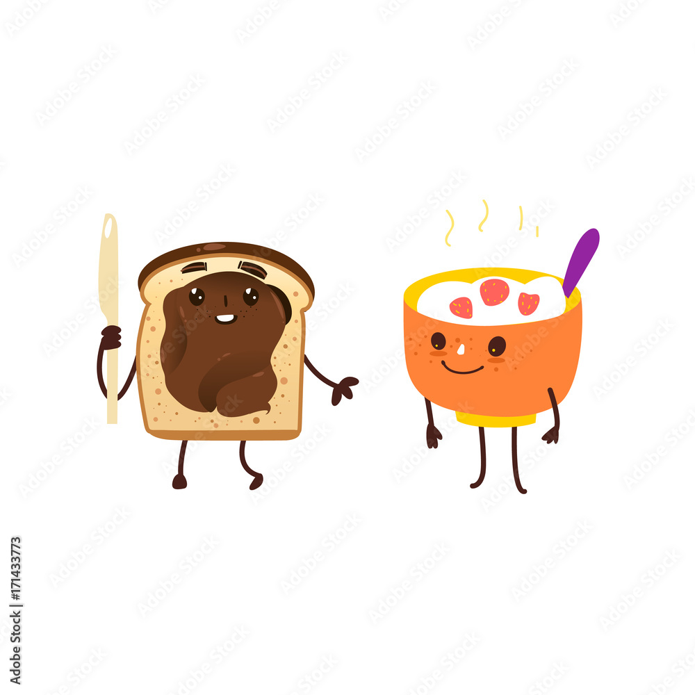 Funny breakfast characters - bowl of oatmeal and toast with chocolate ...
