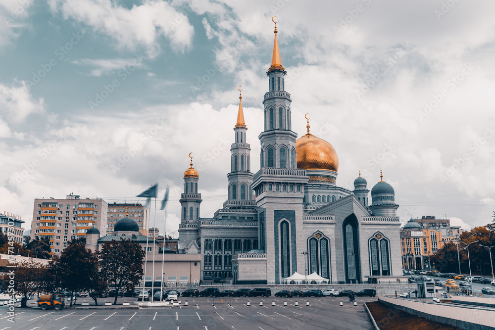 Frontal view of beautiful Grand Cathedral Mosque: golden domes and ...