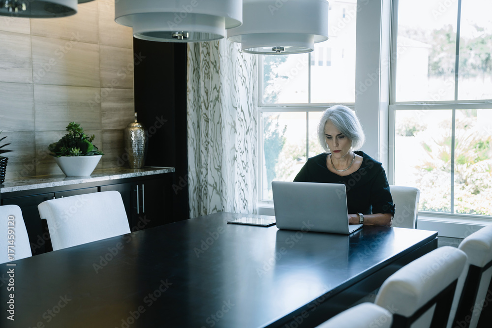 Businesswoman working on laptop computer while sitting against window ...