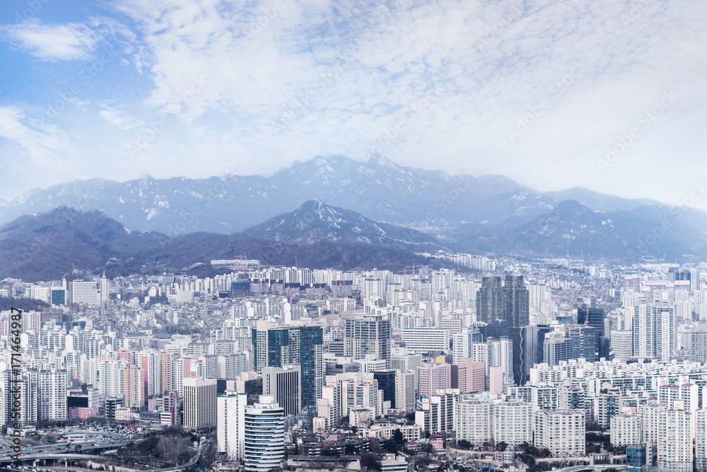 Seoul cityscape, skyline, high rise office buildings in Seoul city ...