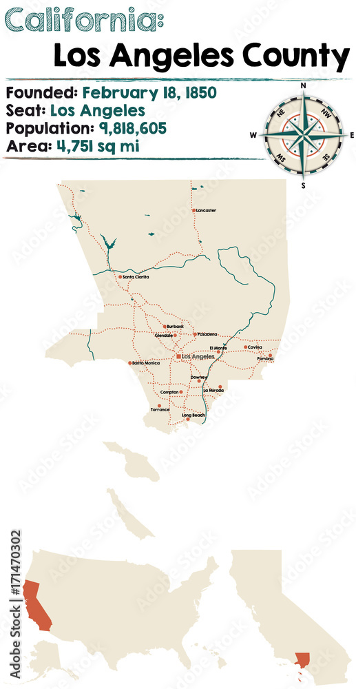 Large and detailed map of California - Los Angeles county. Stock Vector ...