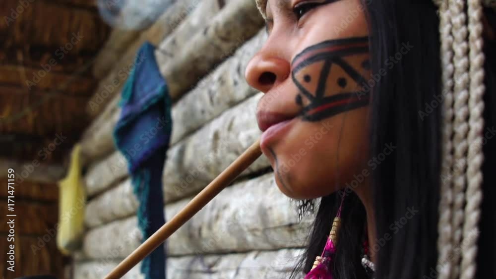 Indigenous Woman Smoking Pipes in a Tupi Guarani Tribe, Brazil vídeo do ...