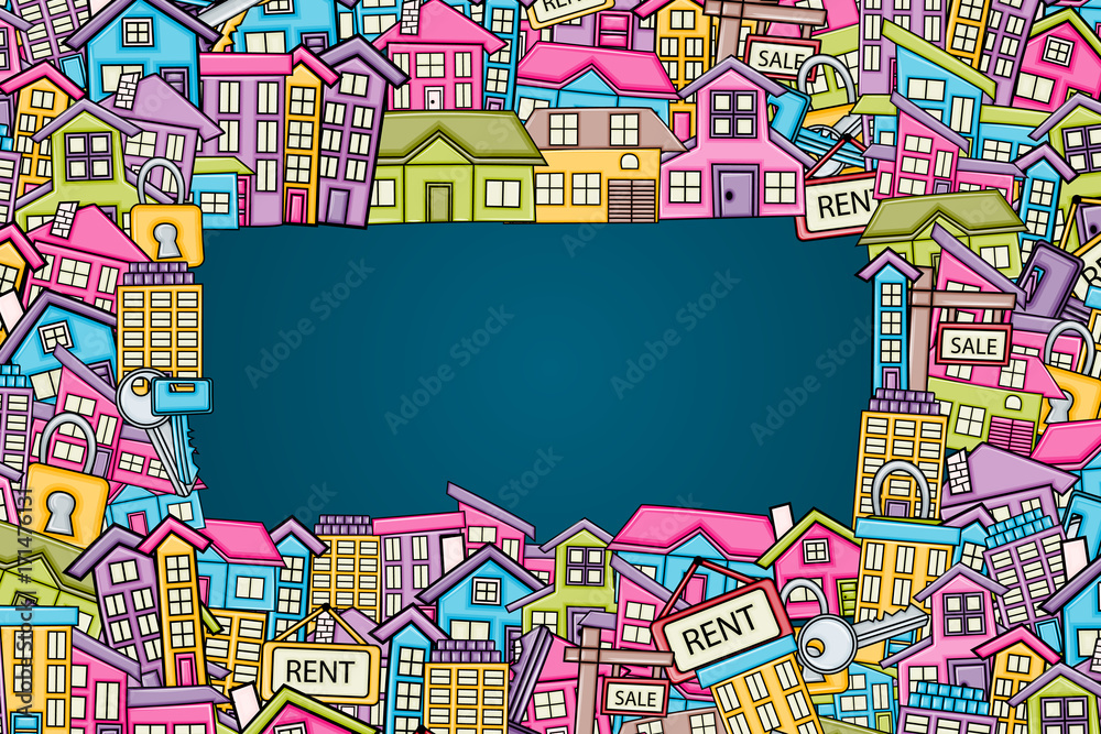 Real estate concept in 3d cartoon doodles background design. Hand drawn ...