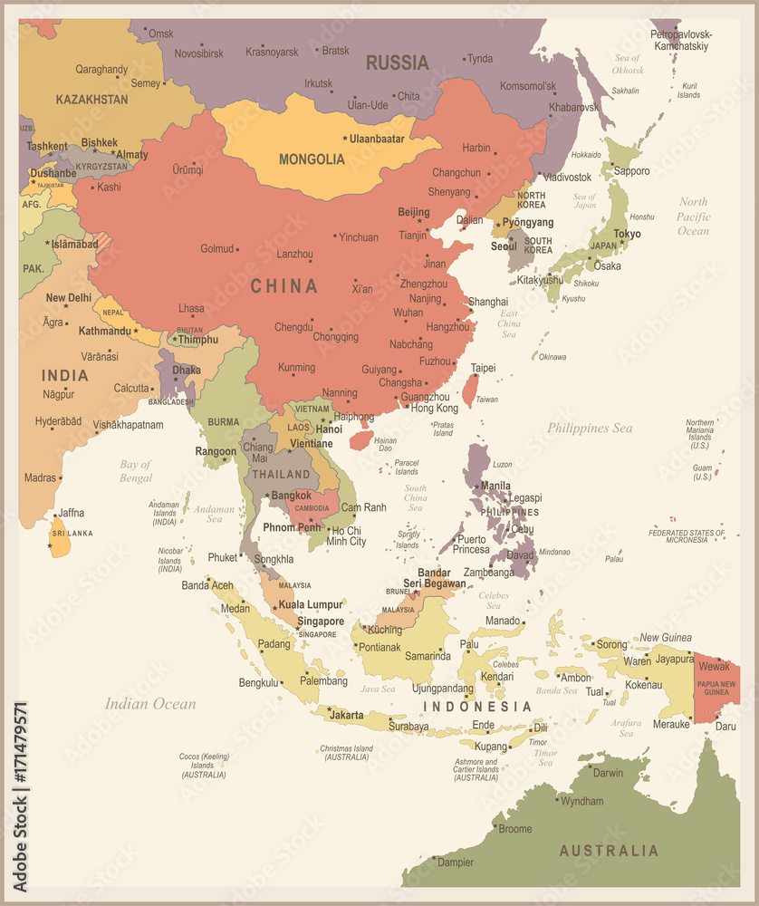 East Asia Map - Vintage Vector Illustration Stock Vector | Adobe Stock