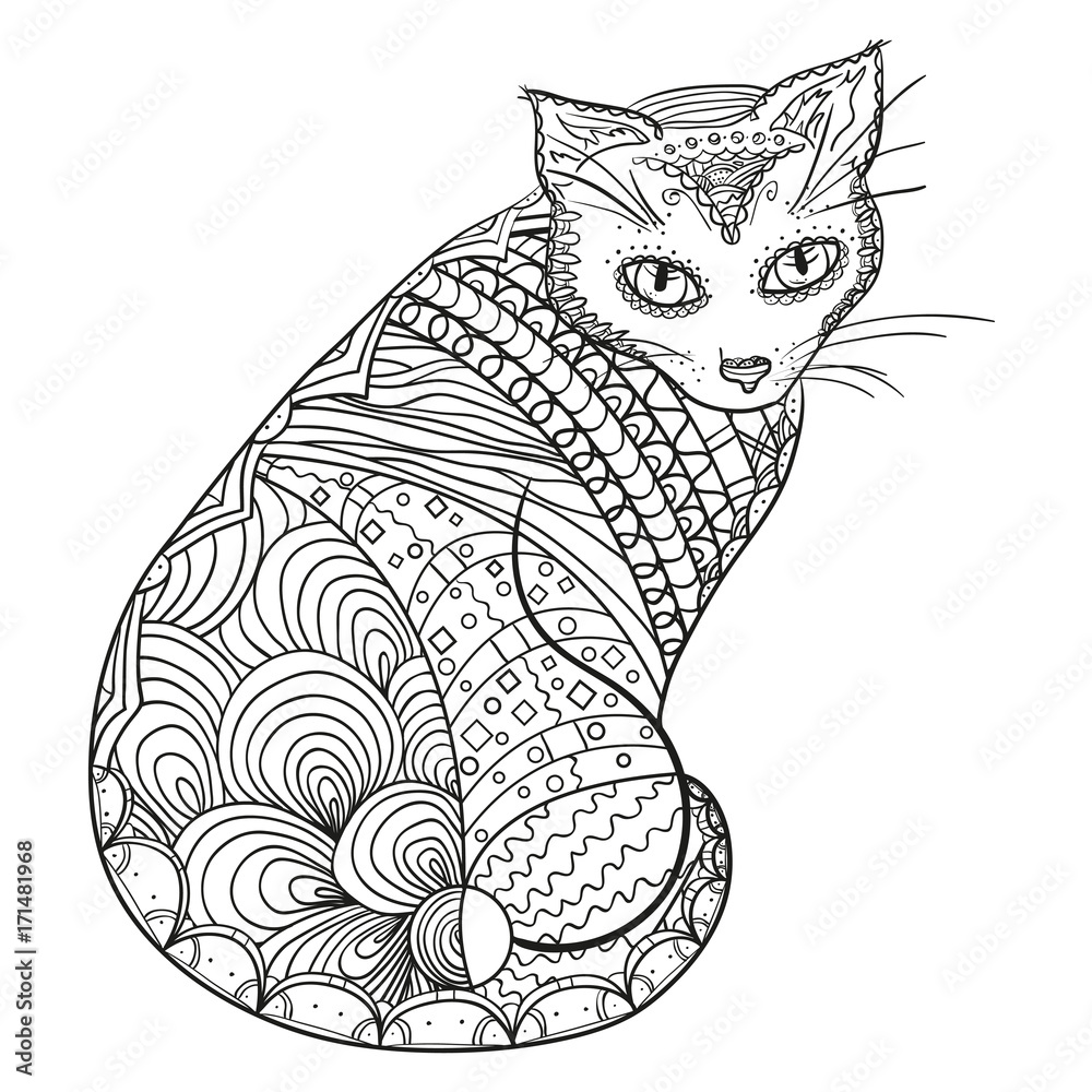 Cat. Design Zentangle. Hand drawn animal with abstract patterns on ...